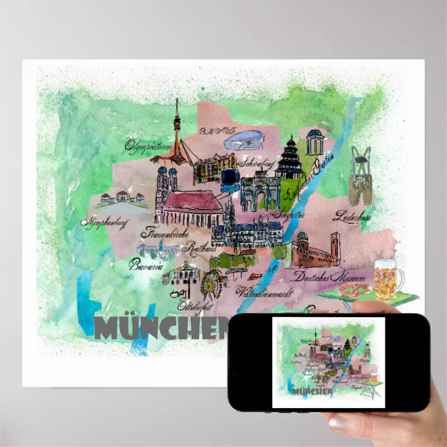 Munich Bavaria Retro Map with touristic highlights Poster | Zazzle