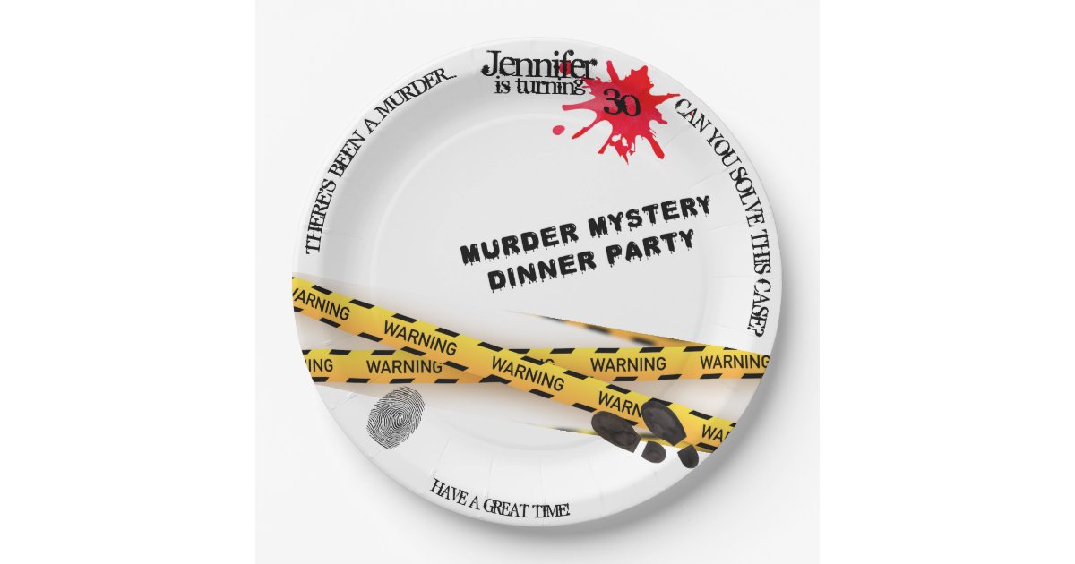 Murder mystery birthday dinner party crime scene paper plates | Zazzle
