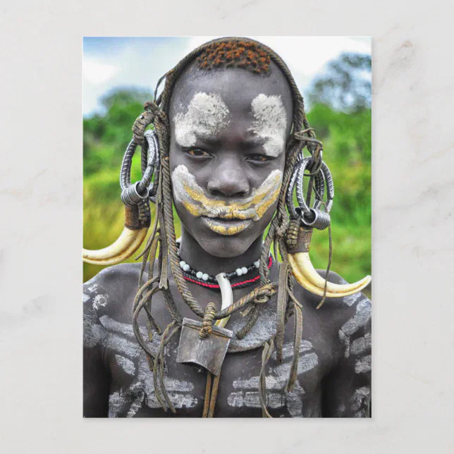 Mursi boy with painted body and tusk headdress postcard | Zazzle