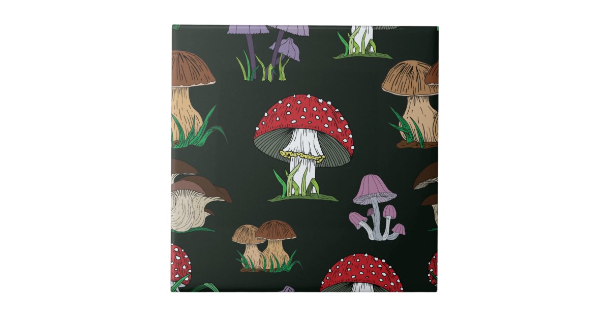 Mushroom Pattern on Dark Green Ceramic Tile | Zazzle