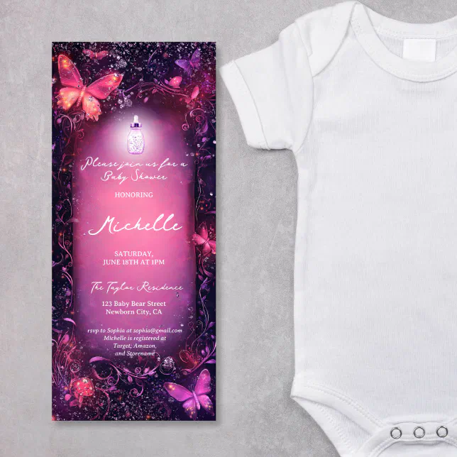 Mushrooms Butterfly Enchanted Forest Scroll Baby Invitation | Zazzle