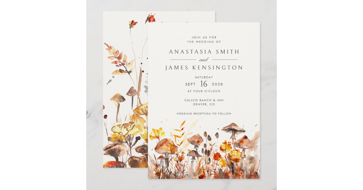 Mushrooms Fall Wild Flowers Rust Wedding Invitation | Zazzle