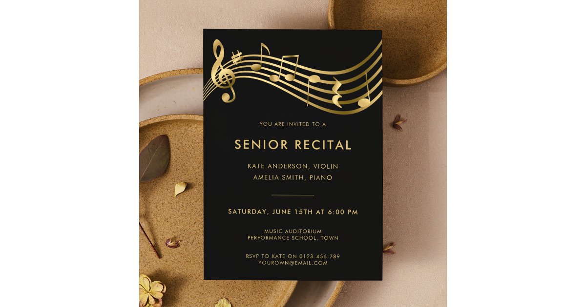 Music Concert Black Gold Senior Recital Elegant Invitation | Zazzle