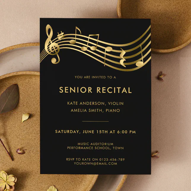 Music Concert Black Gold Senior Recital Elegant Invitation | Zazzle
