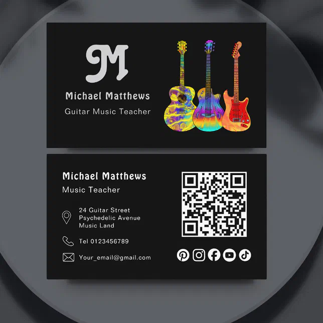 Music Guitar Teacher QR Code Social Media Custom Business Card | Zazzle