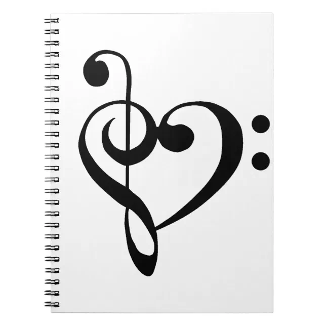 Music Heart Treble Bass Clef Heart - Black Notebook | Zazzle