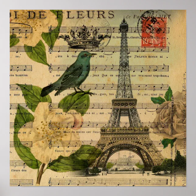 music notes camellia french paris eiffel tower poster | Zazzle