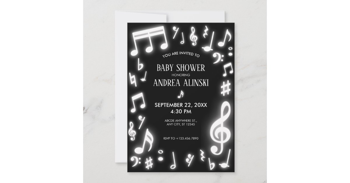 Music notes glow in the dark Baby shower Invitation | Zazzle