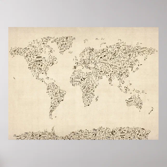 Music Notes Map of the World Poster | Zazzle