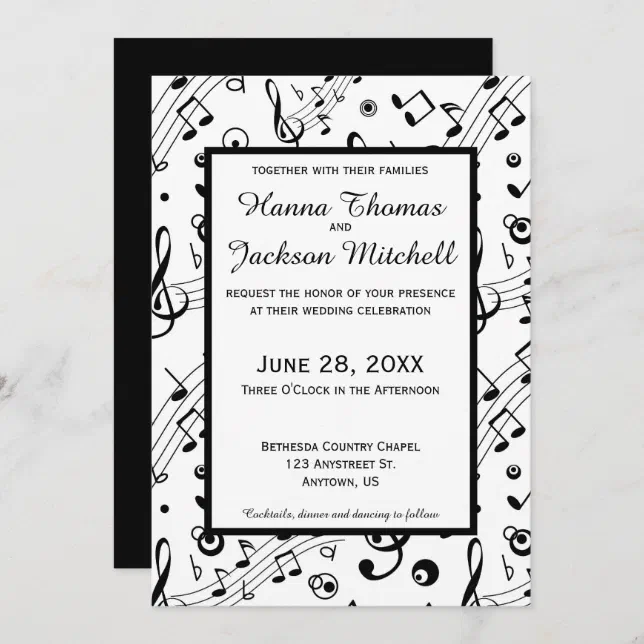 Music Notes Modern Black and White Musical Invitation | Zazzle