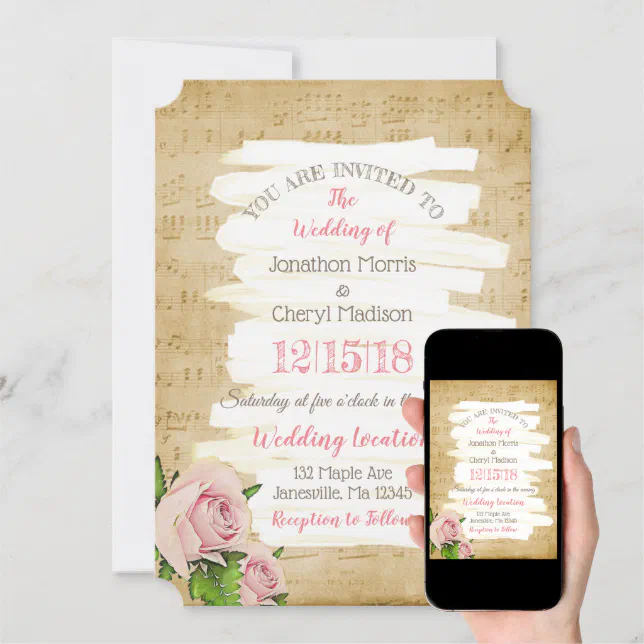 Music Notes & Pink Roses Floral Wedding Invitation | Zazzle