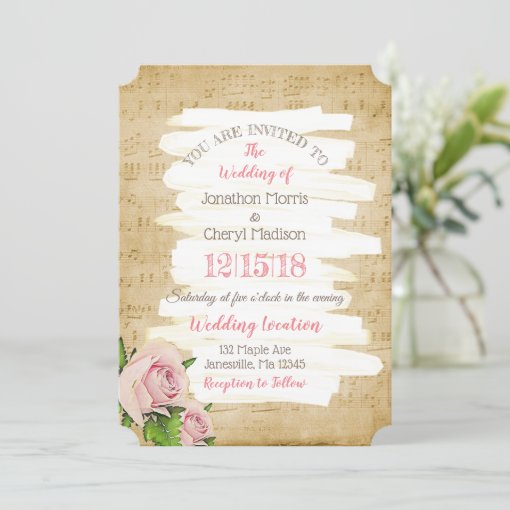 Music Notes & Pink Roses Floral Wedding Invitation | Zazzle