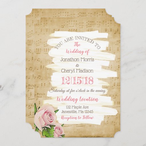 Music Notes & Pink Roses Floral Wedding Invitation | Zazzle
