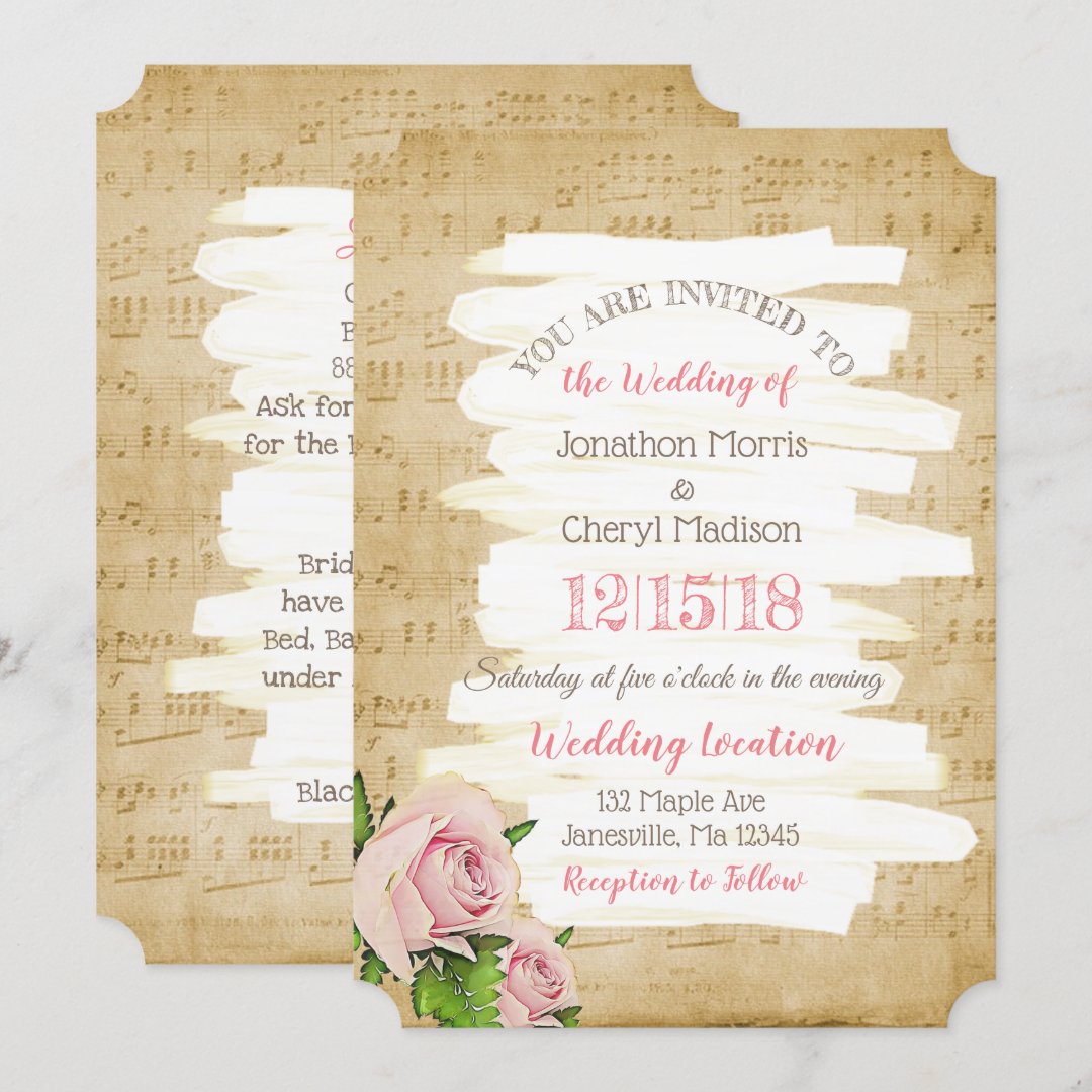 Music Notes & Pink Roses Floral Wedding Invitation | Zazzle