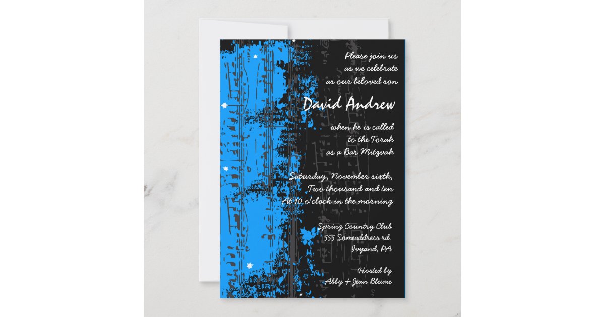 Music Notes Stars Bar Mitzvah Invitation blue | Zazzle