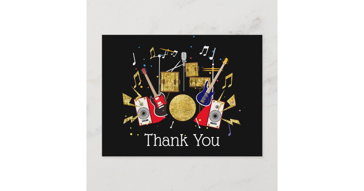 music party guitar drum set musical thank you card | Zazzle