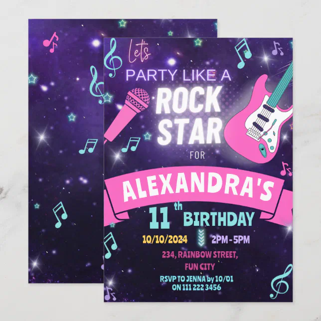 Music Party Like A Rock Star Girl Birthday Invitation | Zazzle