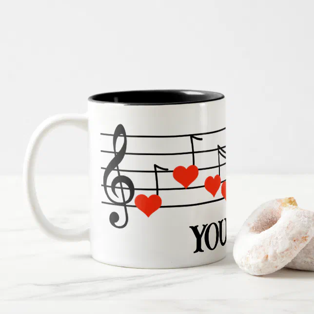 Music Staff with Red Heart Notes Customized Two-Tone Coffee Mug | Zazzle