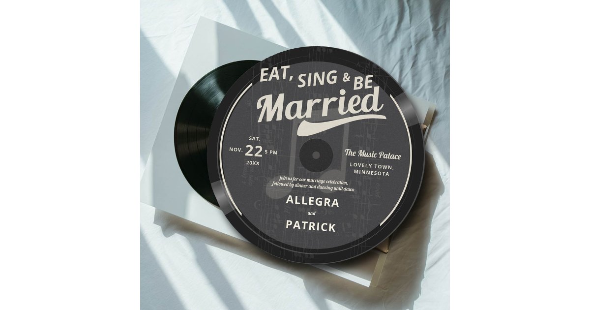 Music Theme Vintage Vinyl Black White Wedding Invitation | Zazzle