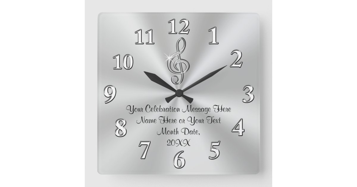 Music Themed Wall Clock, Silver Treble Clef Decor Square Wall Clock ...