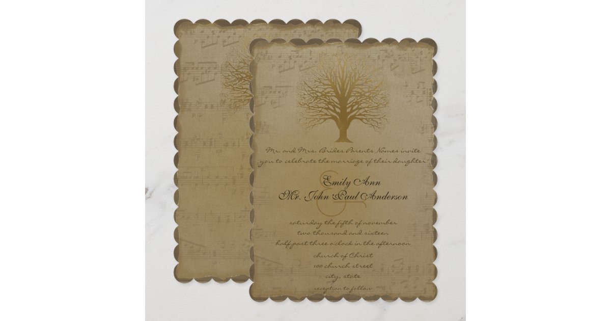 Musical Gold Love Tree Wedding Invitation | Zazzle