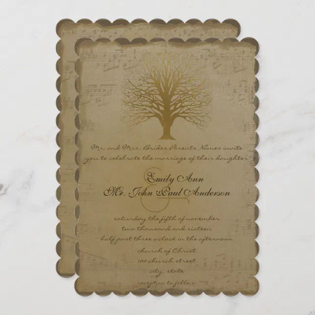 Musical Gold Love Tree Wedding Invitation | Zazzle