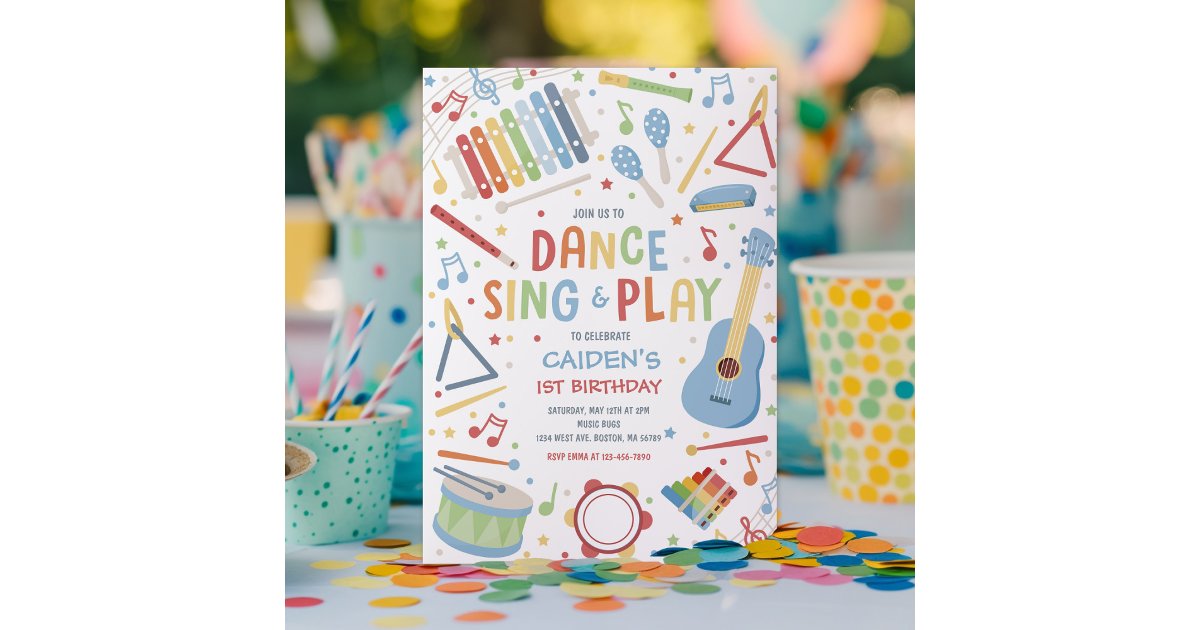 Musical Instrument Sing Dance Play Birthday Party Invitation | Zazzle