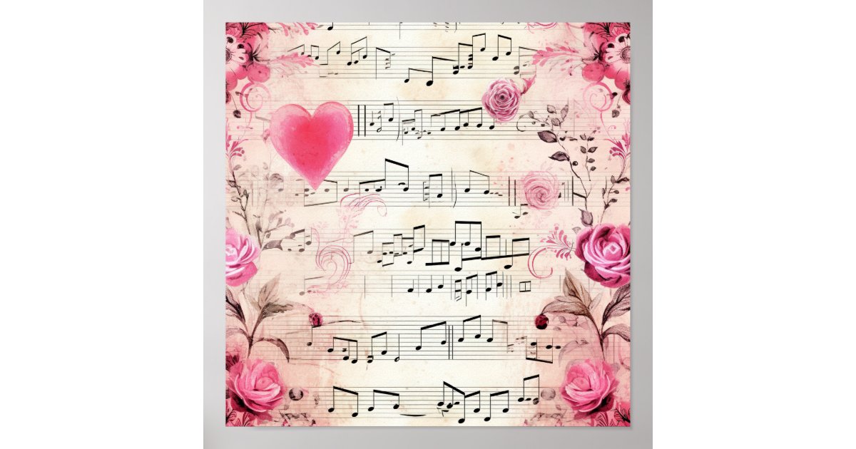 Musical Notes and Roses Vintage Design Poster | Zazzle