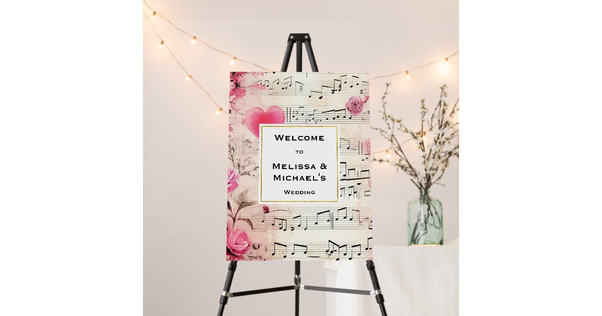 Musical Notes and Roses Vintage Wedding Welcome Foam Board | Zazzle