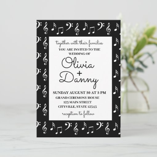 Musical Notes Black and White Wedding Invitation | Zazzle