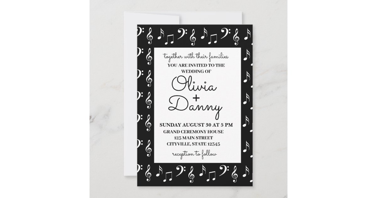Musical Notes Black and White Wedding Invitation | Zazzle