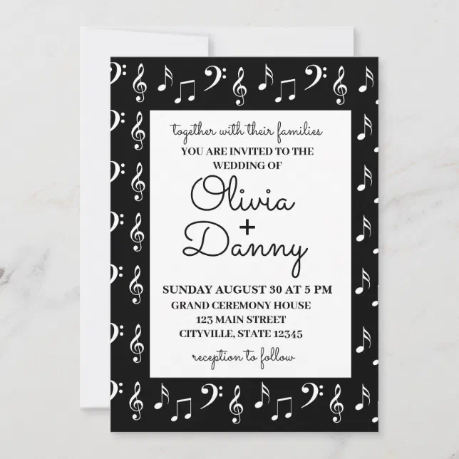 Musical Notes Black and White Wedding Invitation | Zazzle