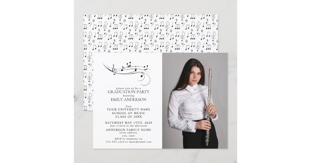 Musical Notes Black & White Photo Graduation Invitation | Zazzle