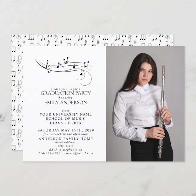 Musical Notes Black & White Photo Graduation Invitation | Zazzle