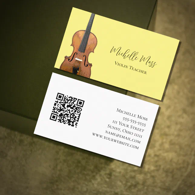 Musical QR code Violin Teacher Bright Yellow Business Card | Zazzle