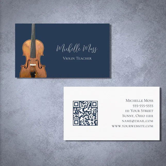 Musical QR code Violin Teacher Navy Blue Business Card | Zazzle