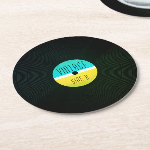 Musical record plate vinyl vintage style round paper coaster | Zazzle