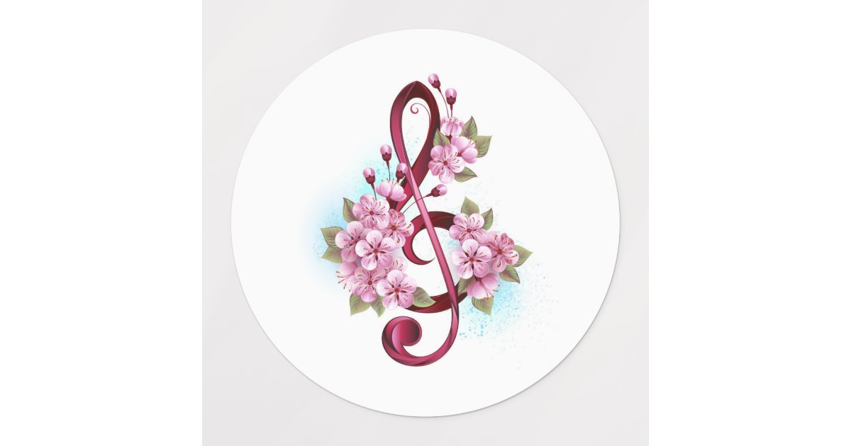 Musical treble clef notes with Sakura flowers Labels | Zazzle