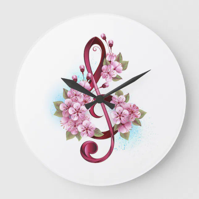 Musical treble clef notes with Sakura flowers Large Clock | Zazzle