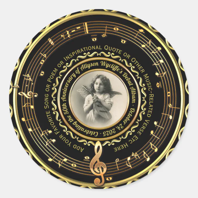 Musician Music Note Commemorative Photo Gold Black Classic Round ...