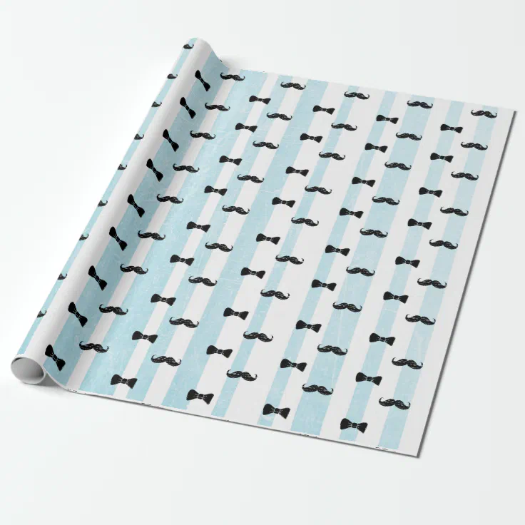 Mustache and Bow Tie Blue and White Striped Gift Wrapping Paper | Zazzle