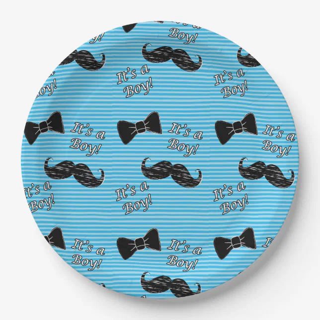 Mustache and Bowtie Blue Baby Shower Paper Plates | Zazzle