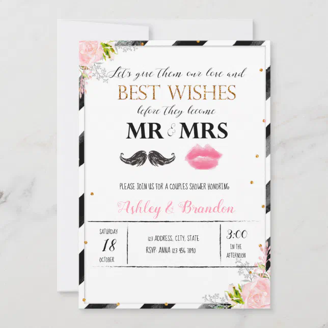 Mustache and lips couples shower invitation | Zazzle