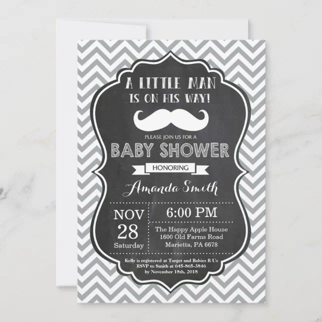 Mustache Baby Shower Invitation Black and Gray | Zazzle