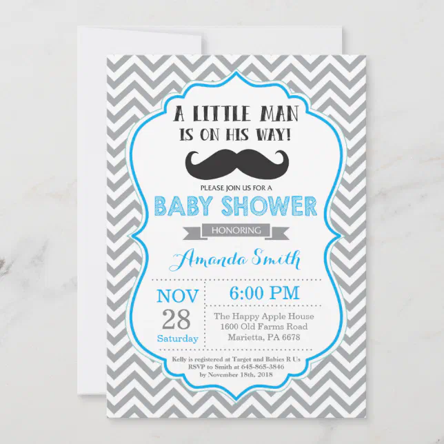 Mustache Baby Shower Invitation Blue and Gray | Zazzle