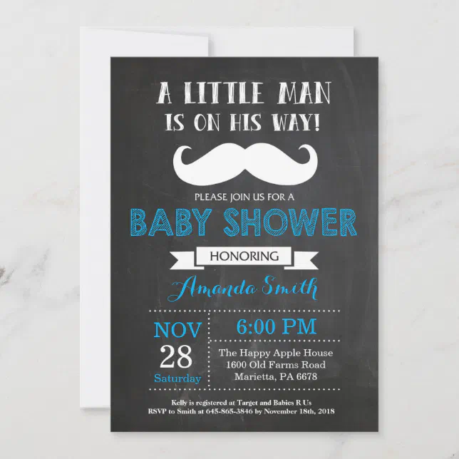 Mustache Baby Shower Invitation Blue and Gray | Zazzle