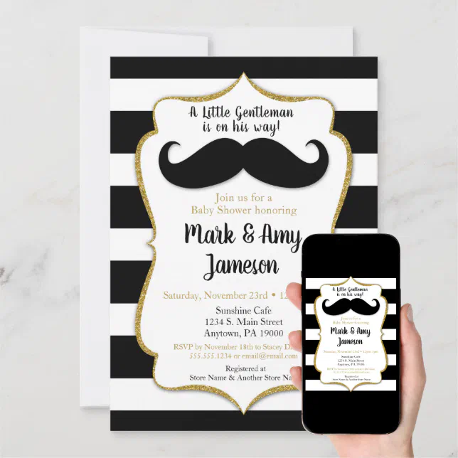 Mustache Baby Shower Invitation Horizontal Stripes | Zazzle