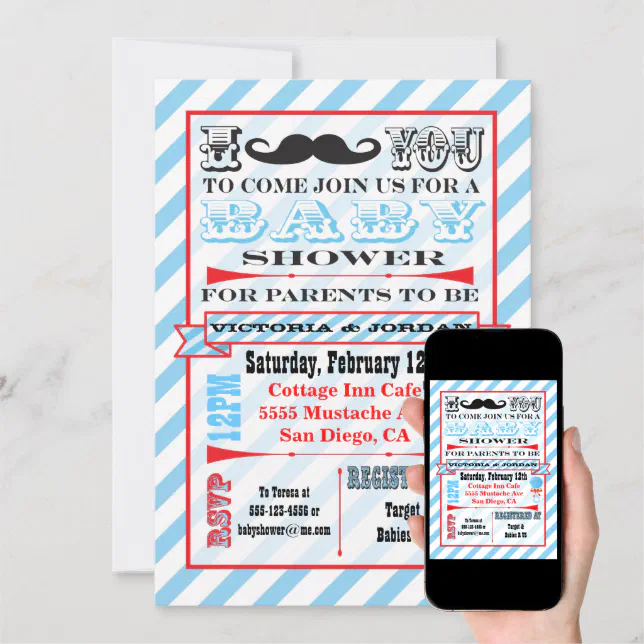 Mustache Couples Baby Shower Invitations | Zazzle