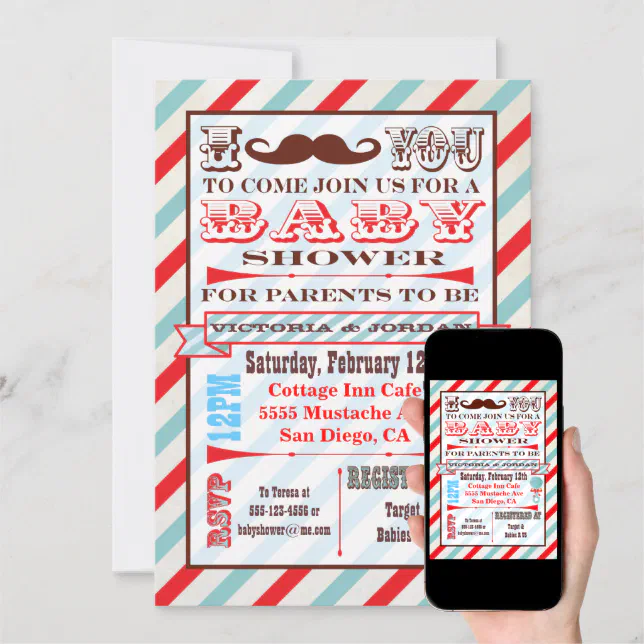 Mustache Couples Baby Shower Invitations | Zazzle