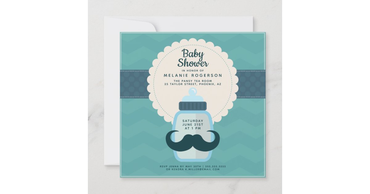 Mustache Polka Dot Teal Baby Shower Invitation | Zazzle